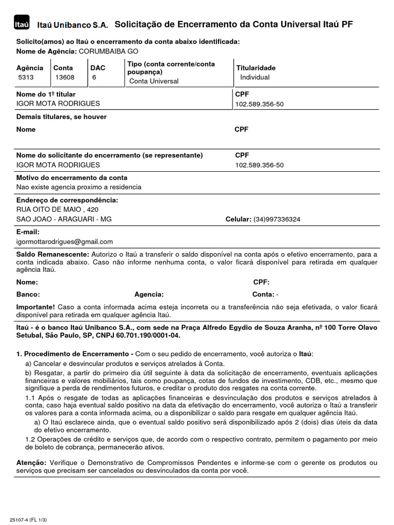 Encerramento de Conta Universal Itaú PF | PDF | Cheque (banco ...