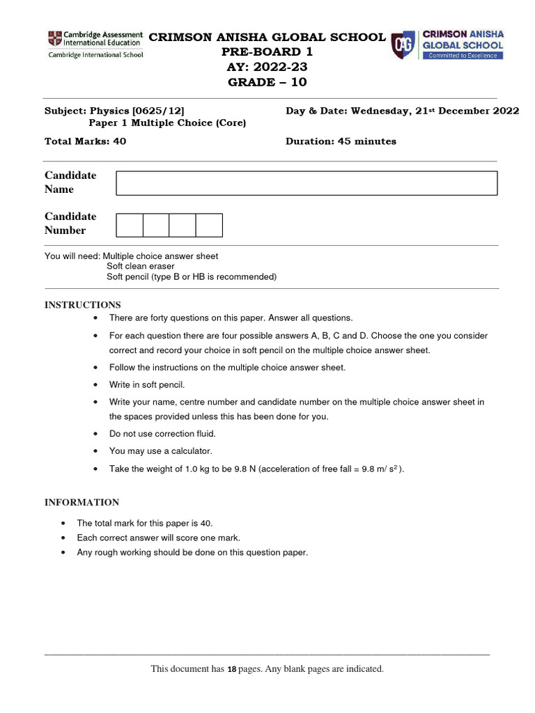 CAIE 10 - Physics - PB1 - Paper 12 QP | PDF