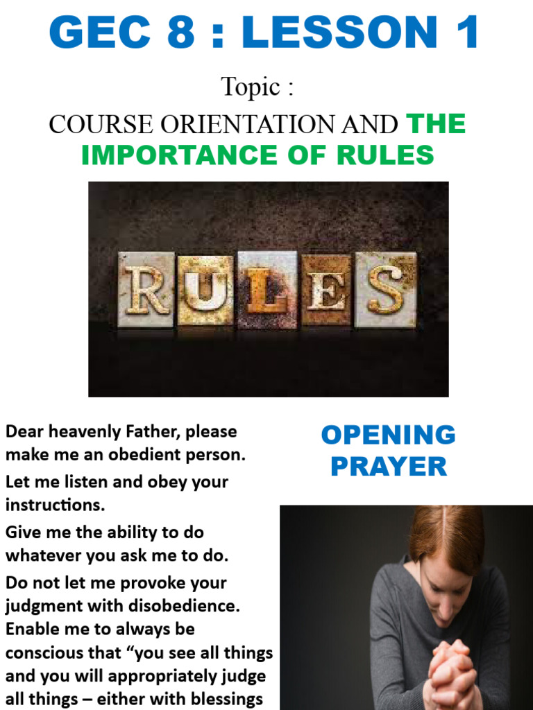 Gec 8 Lesson 1 Course Orientation and Importance of Rules.22 | PDF | Morality | Sabbath In ...