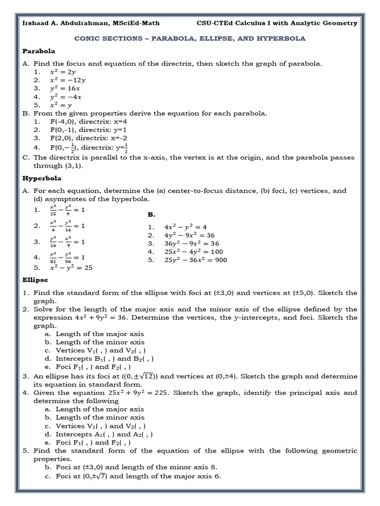 Conic Sections Parabola Ellipse and Hyperbola | PDF