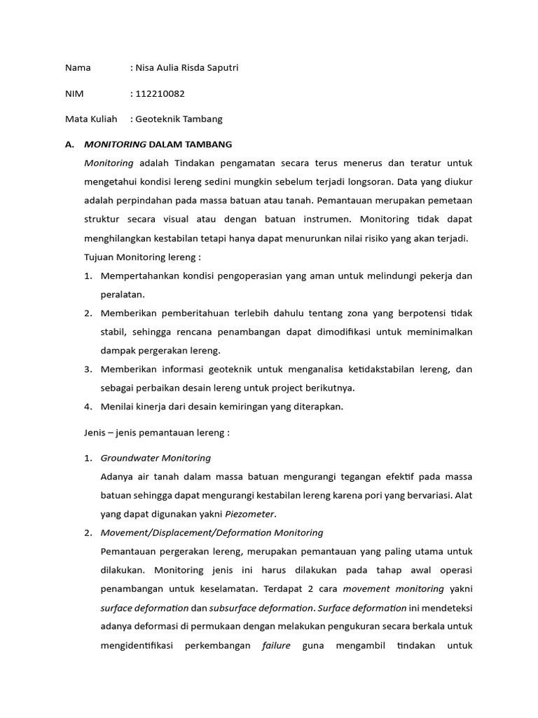 Nisa Aulia Risda Saputri - Pemantauan Lereng Geoteknik | PDF ...