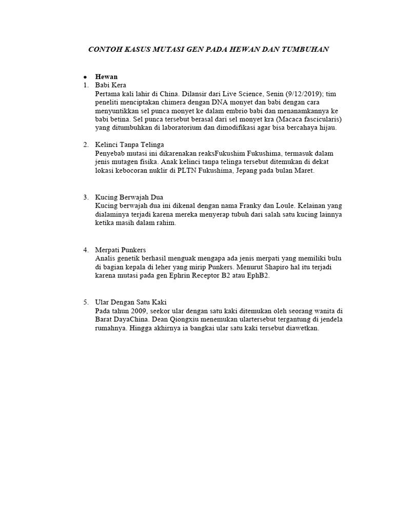 Contoh Mutasi Gen Pada Hewan Dan Tumbuhan (Biologi Sel) Natnat | PDF