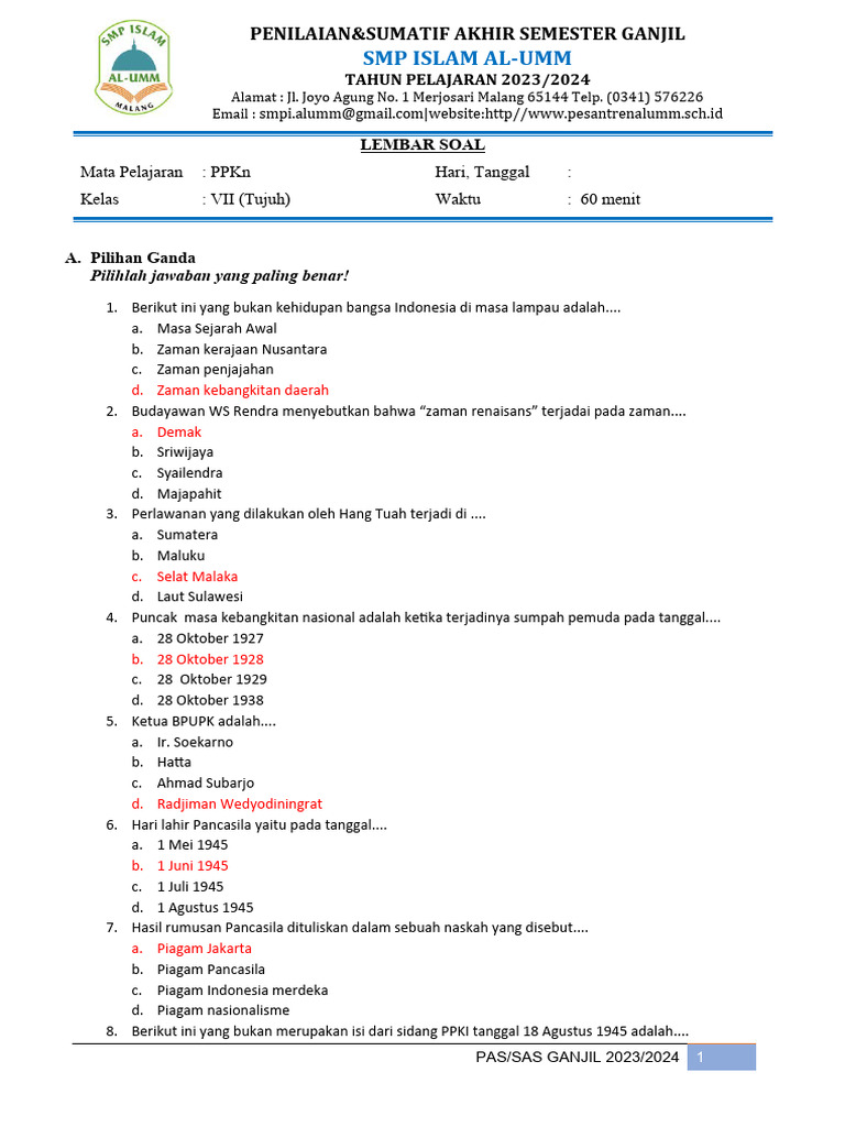 SOAL PAS PPKN Kelas 7 November 2023 | PDF | Politik | Perjalanan