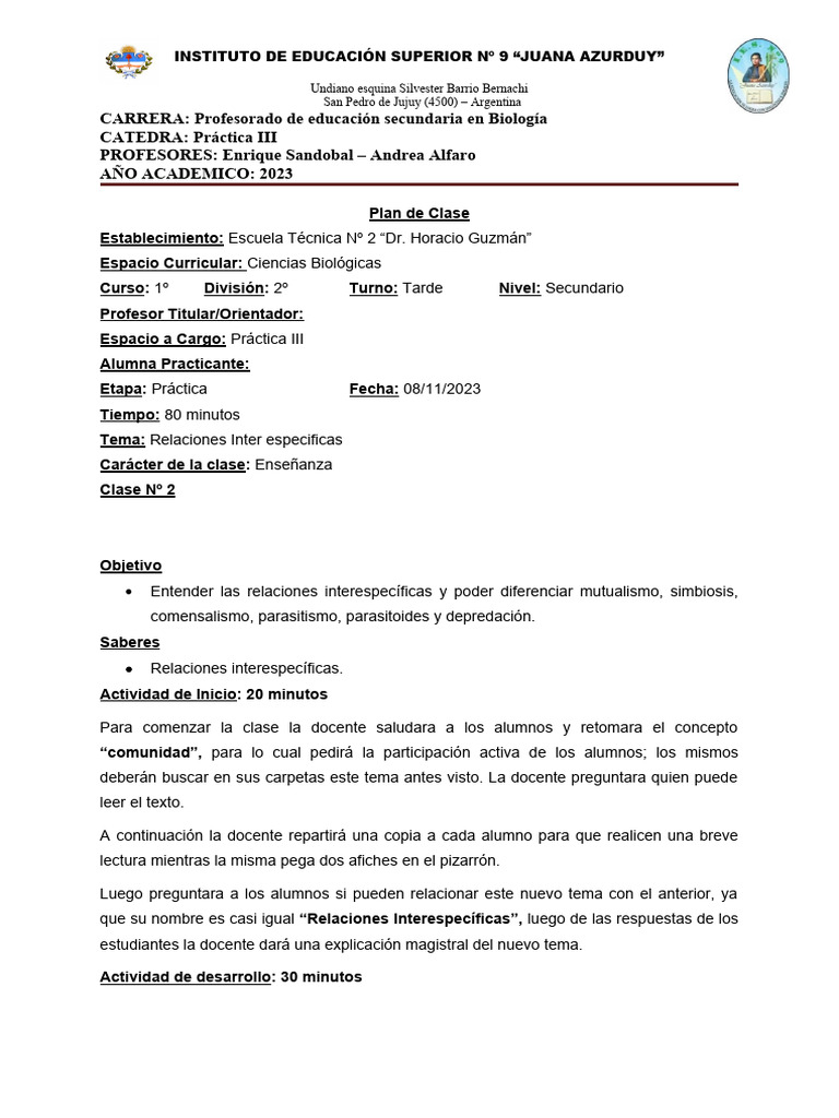 Plan de Clase - Biologia - 80 Minutos | PDF | Maestros