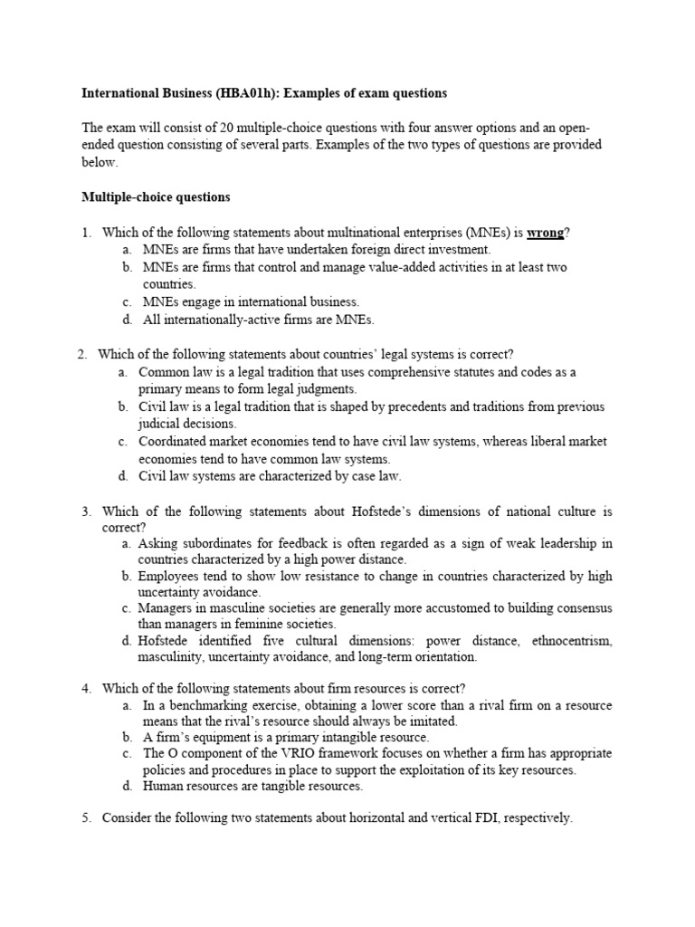 Sample Exam Questions | PDF | Internationalization | Franchising