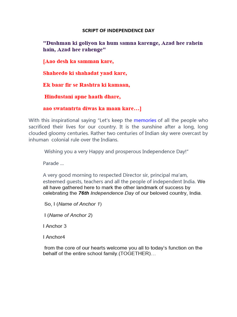 Script of Independence Day | PDF | Travel | Religion & Spirituality