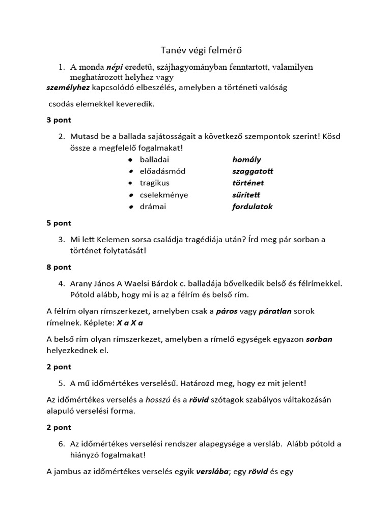 Év Végi Felmérő - Irodalom 6 Osztály | PDF