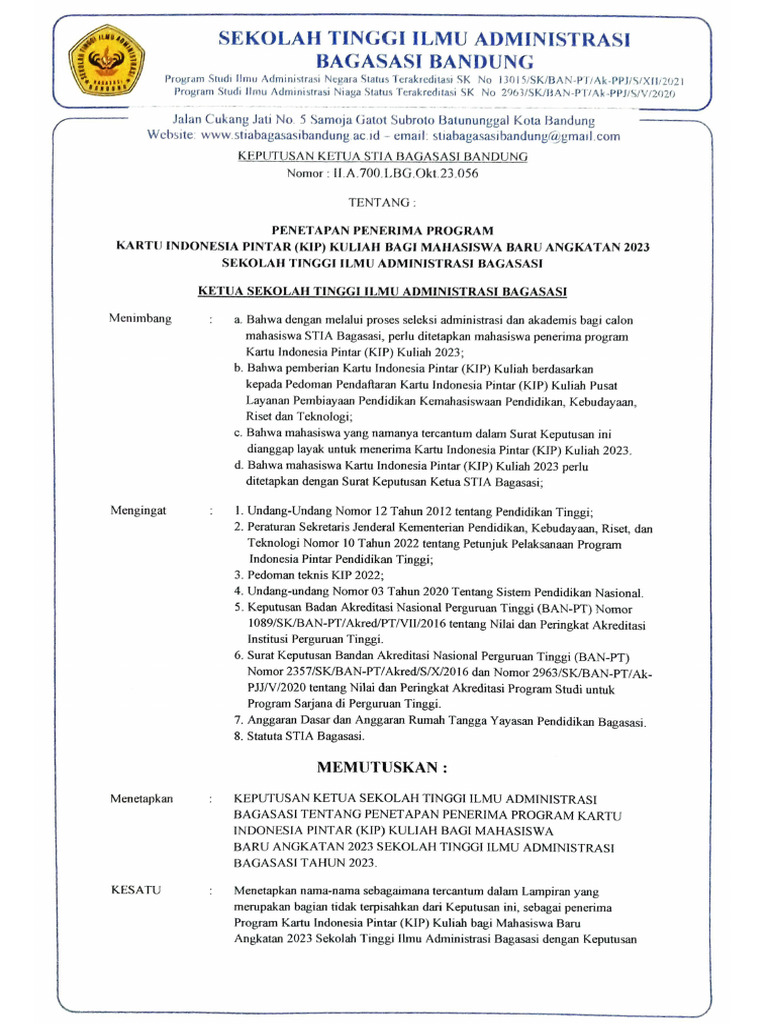 SK Penetapan Penerima Beasiswa KIP-K Tahun 2023 | PDF