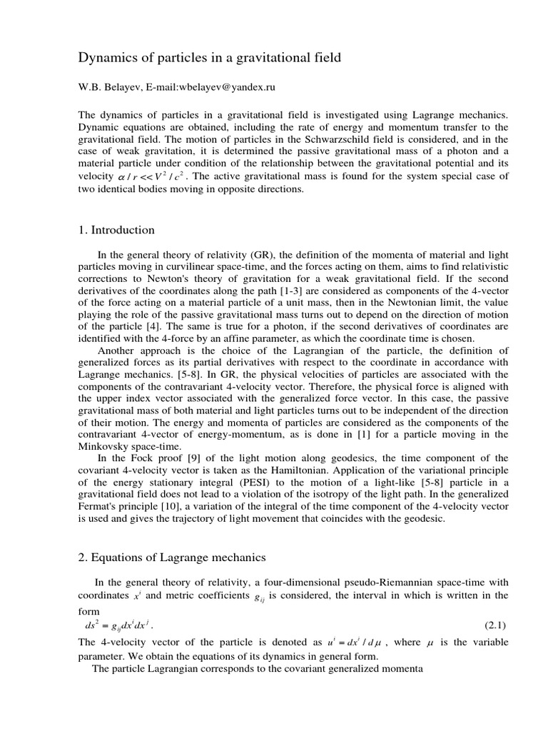 Dynamics of particles in a gravitational field | PDF | Scientific Theories | Theoretical Physics