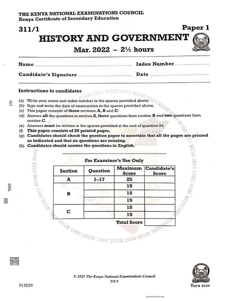 Kcse 2021 History Paper 1 Qns | PDF
