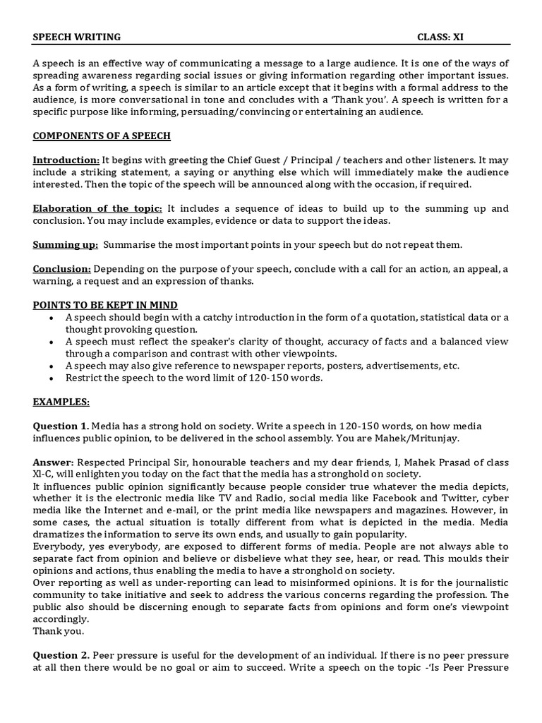 Speech Writing Guide for Class 11 | PDF | Racism | Discrimination & Race Relations