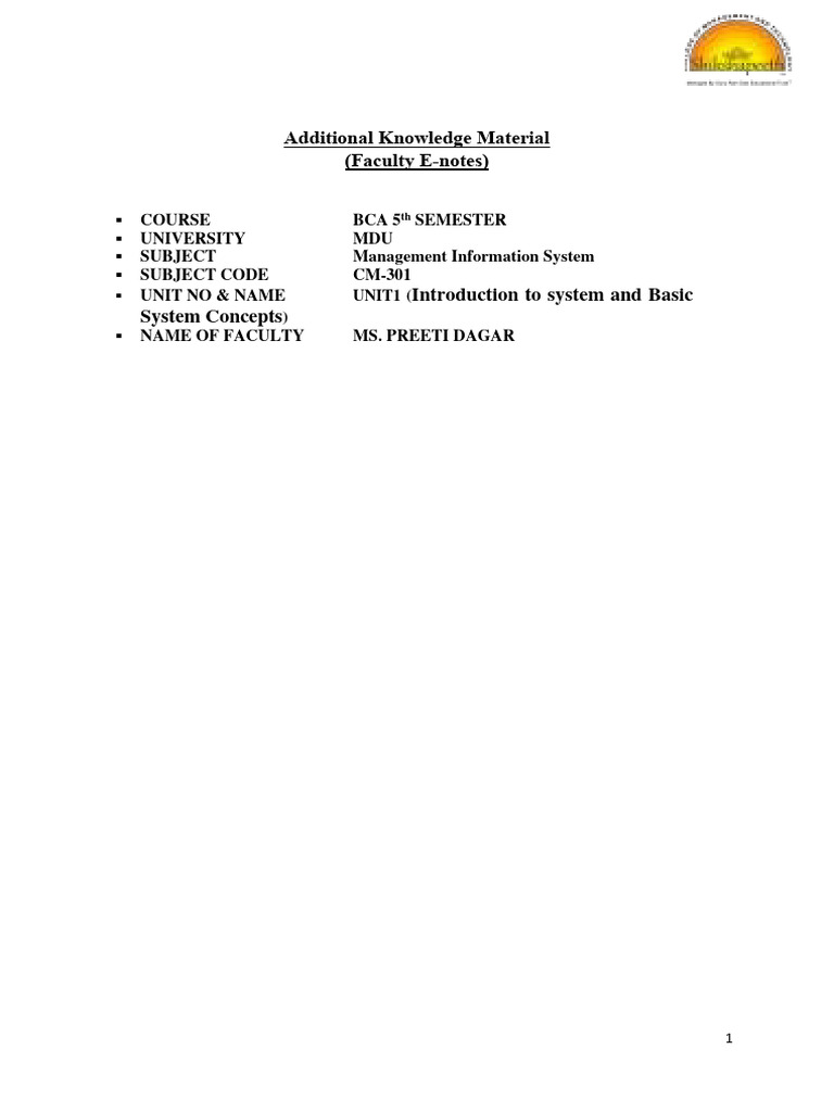 Unit 1 Mis | PDF | System | Information
