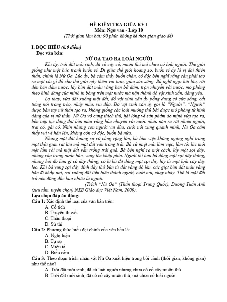 ĐỀ ÔN Sử Thi Nữ Oa GK 1 | PDF