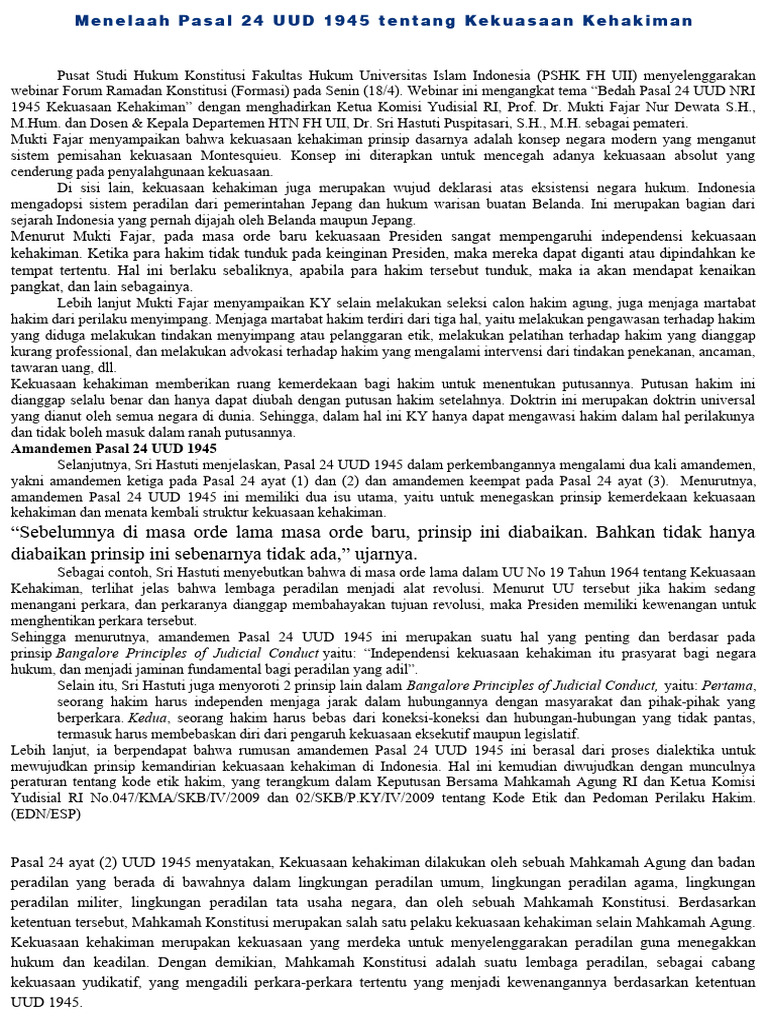 Menelaah Pasal 24 UUD 1945 Tentang Kekuasaan Kehakiman | PDF