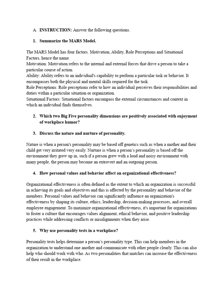 Mars Model - Five Personality Dimensions | PDF | Leadership | Motivational