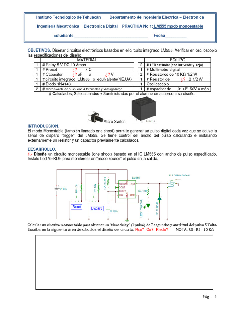 Practica 1 LM555 Modo Monoestable | PDF | Electrónica | Diodo emisor de luz