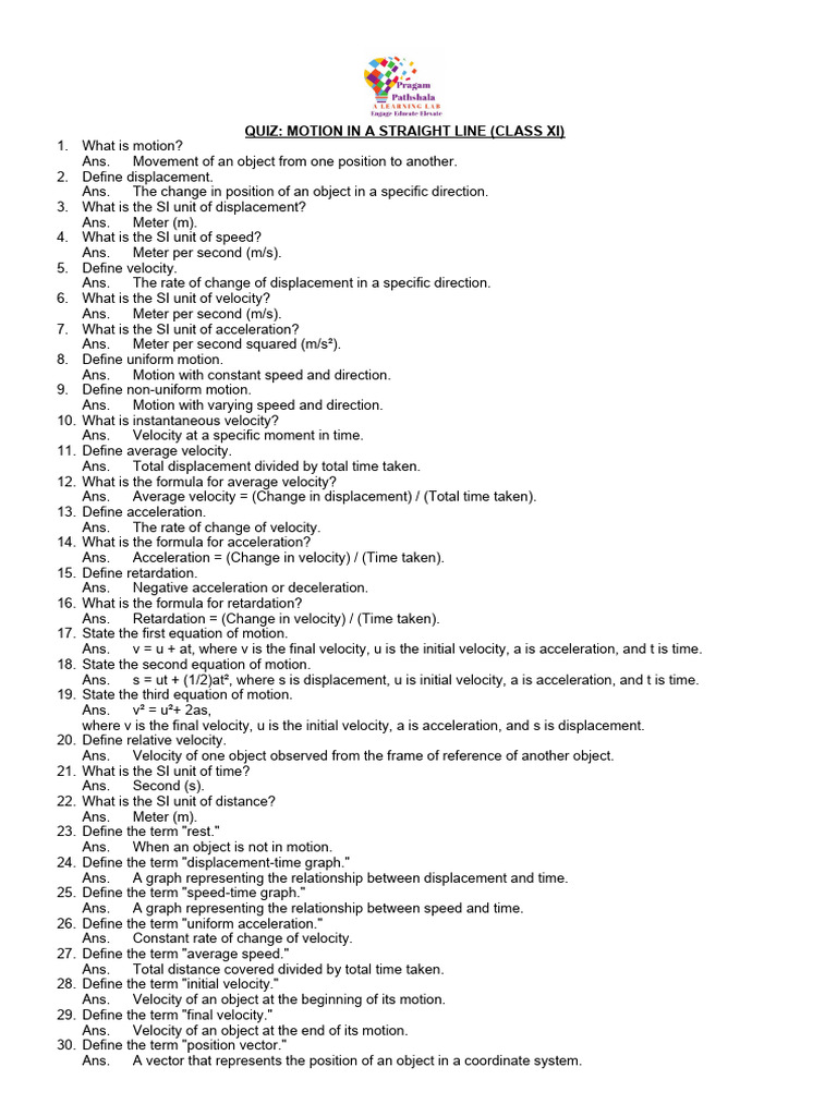 Class 11 Motion in a Straight Line Quiz | PDF | Velocity | Acceleration