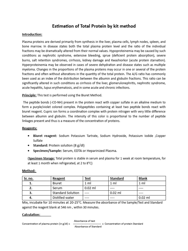 Estimation of Total Protein by Kit Method | PDF | Chemistry | Clinical ...