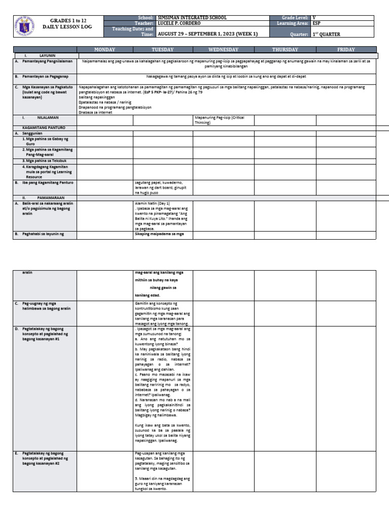 DLL - Esp 5 - Q1 - W1 | PDF