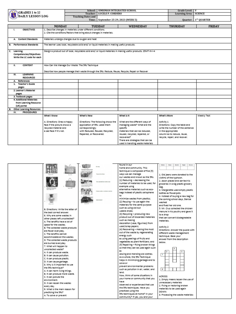 Dll Science 5 Q1 W5 Download Free Pdf Waste Recycling