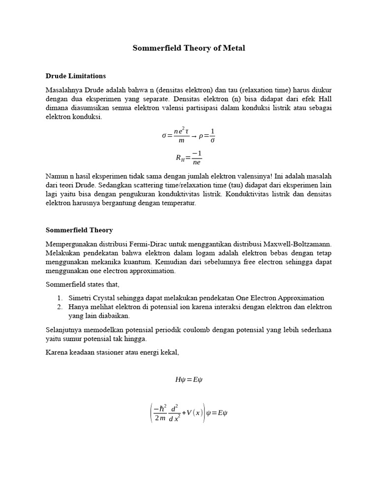 Sommerfield Theory of Metal | PDF