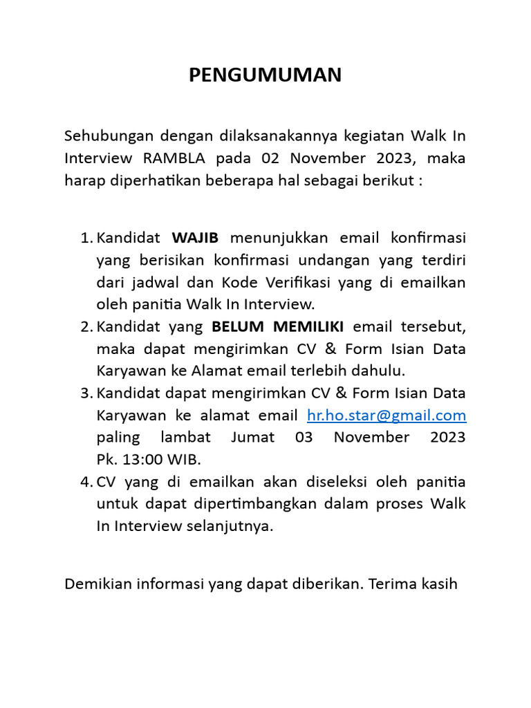 Pengumuman Walk in Interview | PDF | Karier & Perkembangan