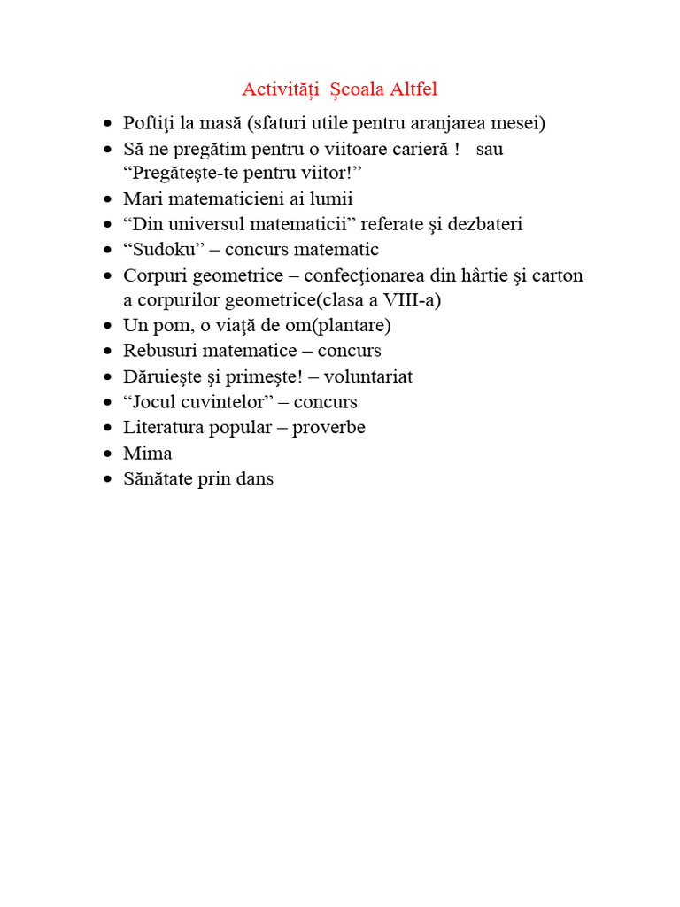 Activitati Scoala Altfel | PDF