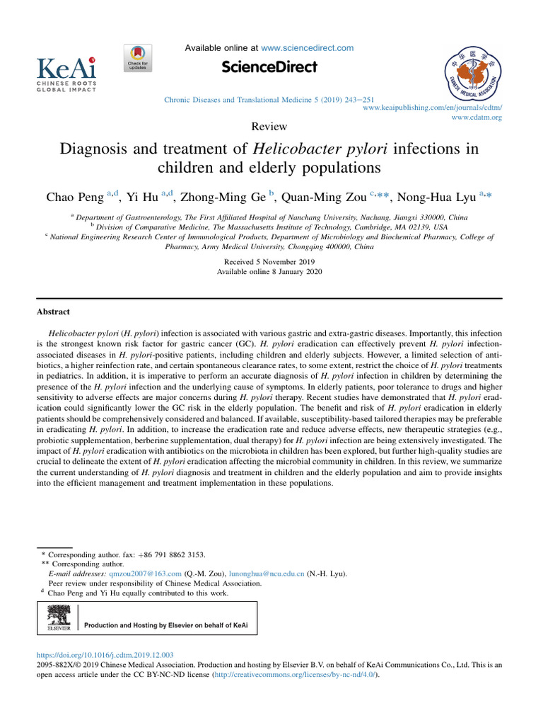 Diagnosis and Treatment of Helicobacter Pylori Infections in Children and Elderly Populations ...