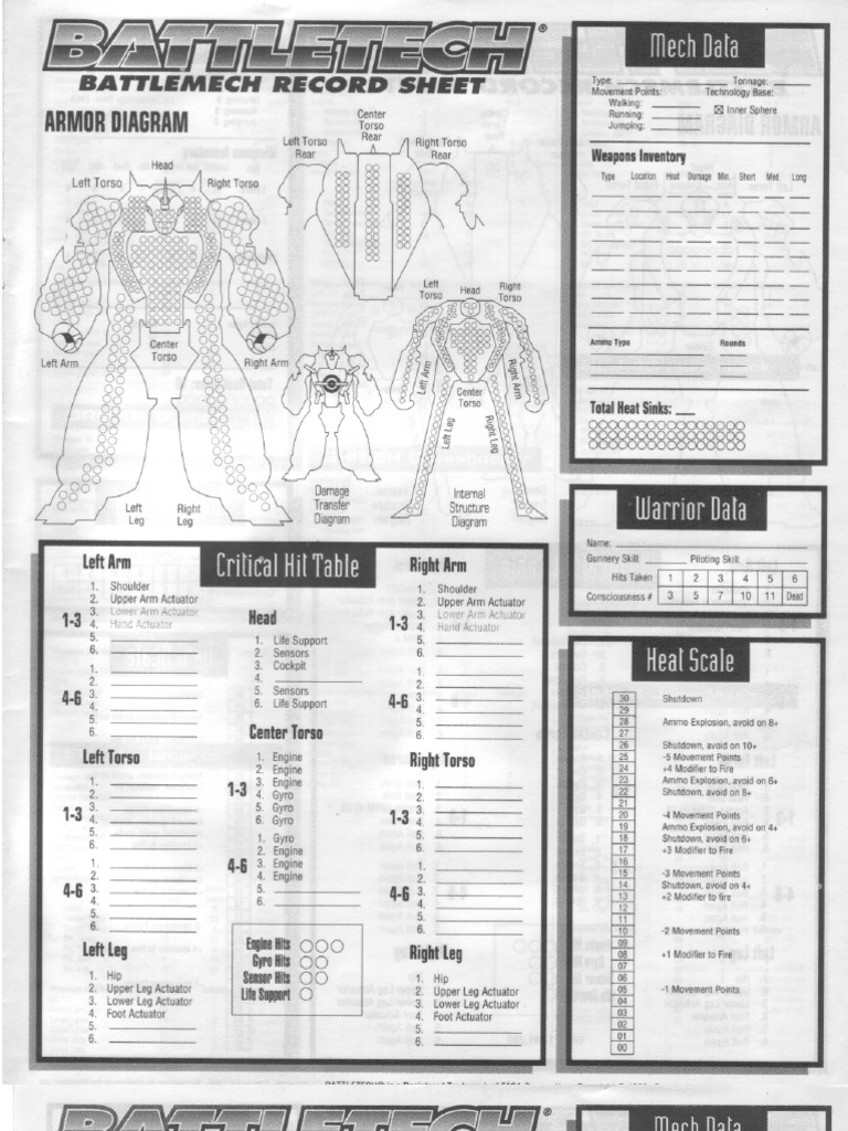 Battle Tech - BattleMech Record Sheet | PDF