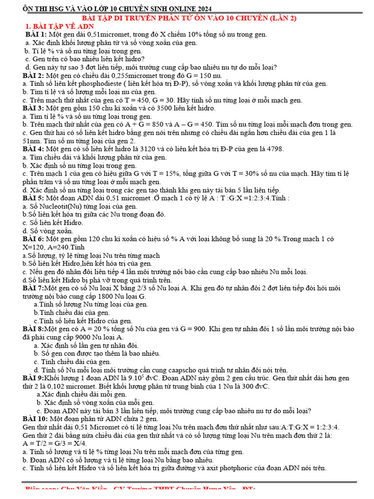 Bài Tập Di Truyền Phân Tử Ôn Vào 10 Chuyên Cho Hs 2024 Lần 2 | PDF