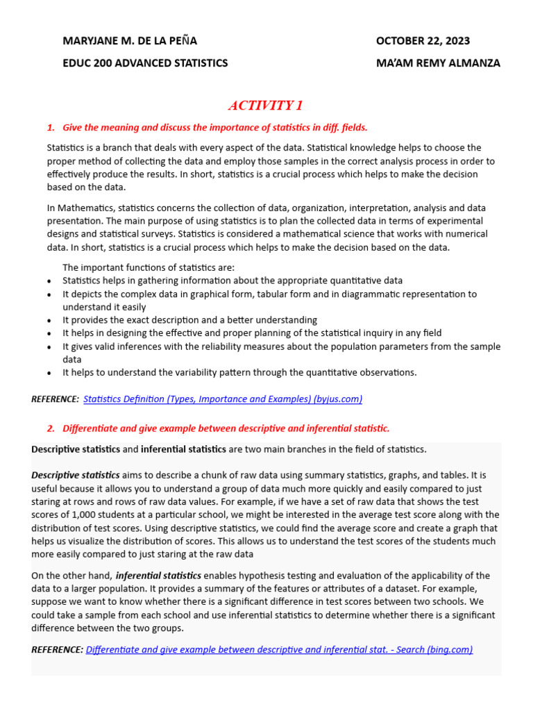 Activity 1 | PDF | Statistics | Sampling (Statistics)