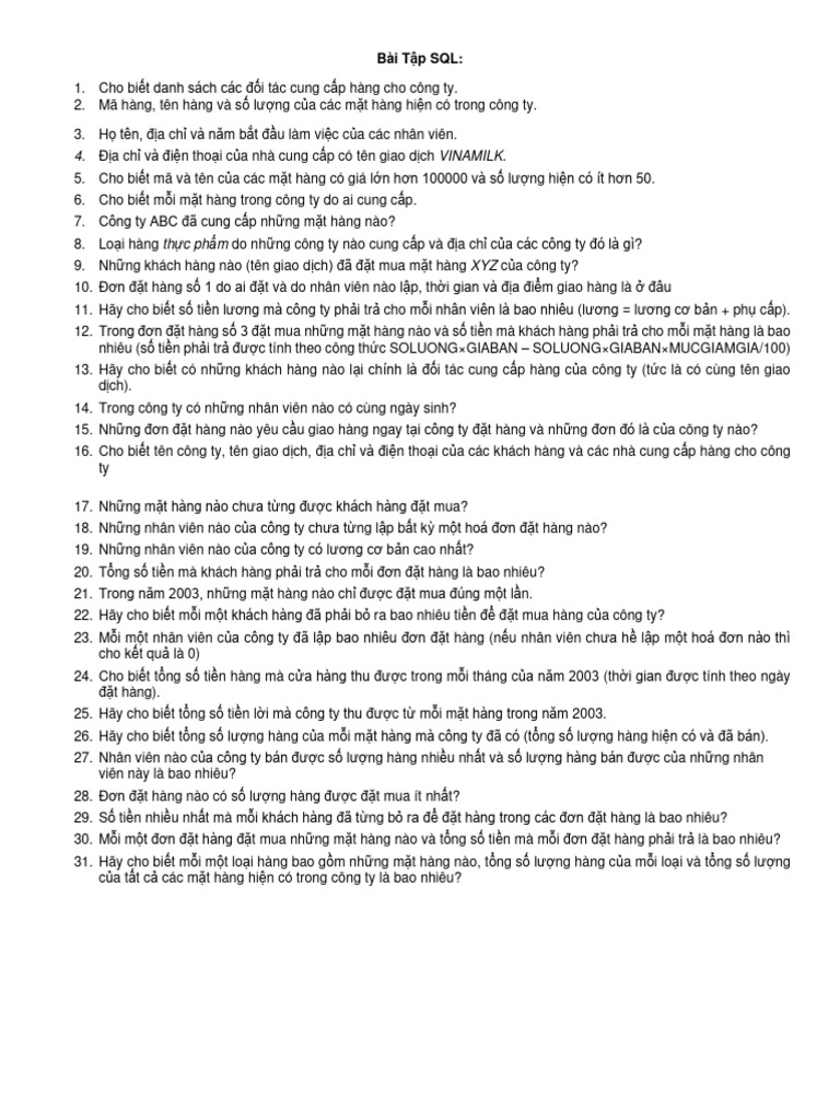 Bài Tập SQL | PDF