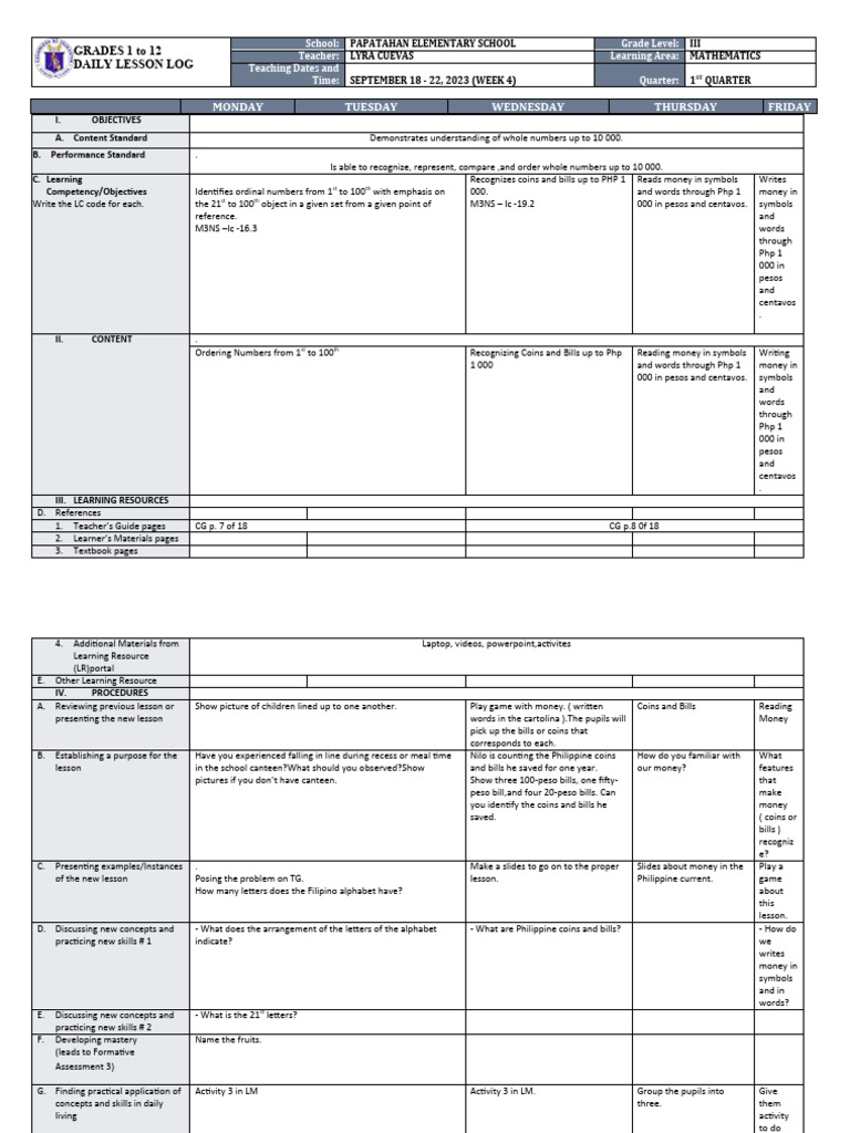 DLL - Mathematics 3 - Q1 - W4 | PDF | Learning | Human Communication