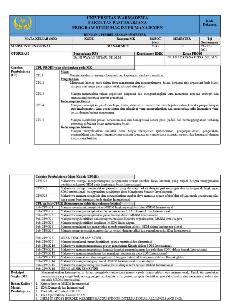 RPS Manajemen SDM Internasional | PDF | Karier & Perkembangan | Seni