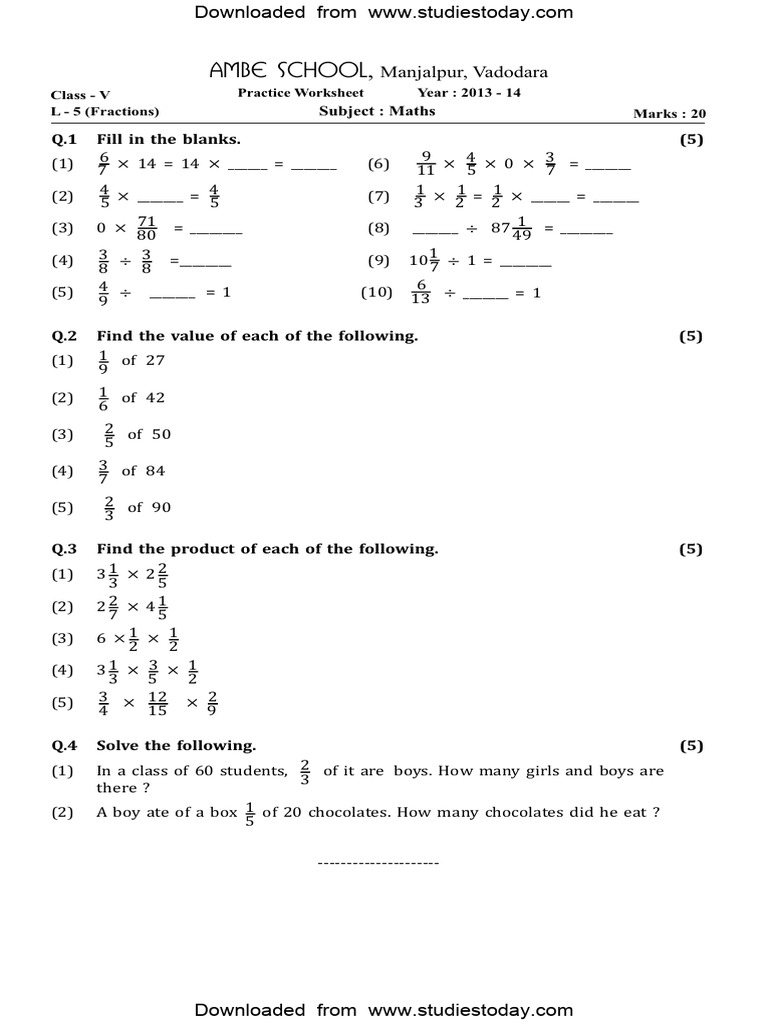 CBSE Class 5 Maths Revision Worksheets (25) - Fractions | PDF | Mathematics