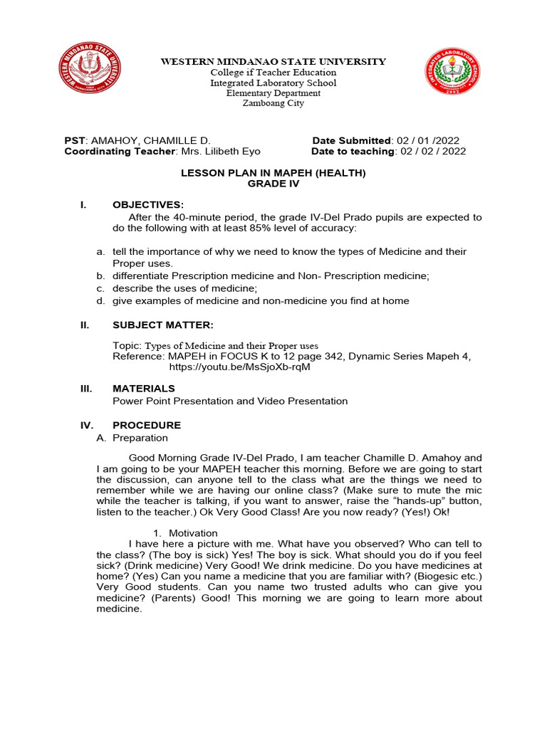 Lesson Plan in MAPEH (Dagalea) | PDF | Medicine | Prescription Drugs