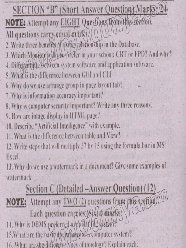 Past Papers 2022 Karachi Board 9th Class Computer Studies Subjective | PDF