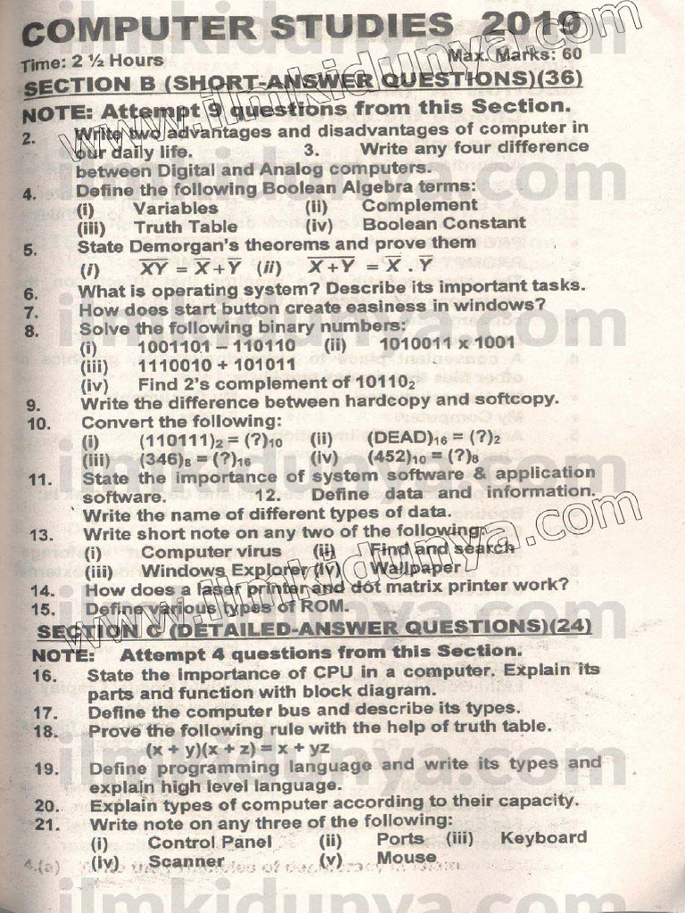 Past Papers 2019 Karachi Board 9th Class Computer Studies Subjective ...