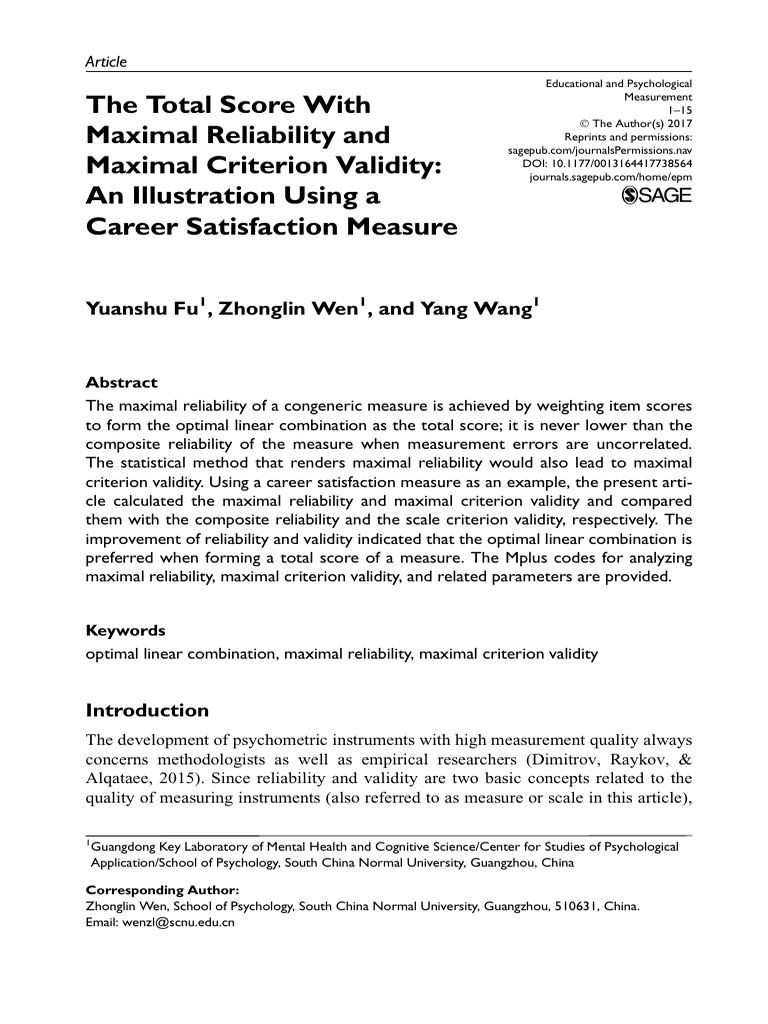 The Total Score With Maximal Reliability and Maximal Criterion Validity: An Illustration Using A ...