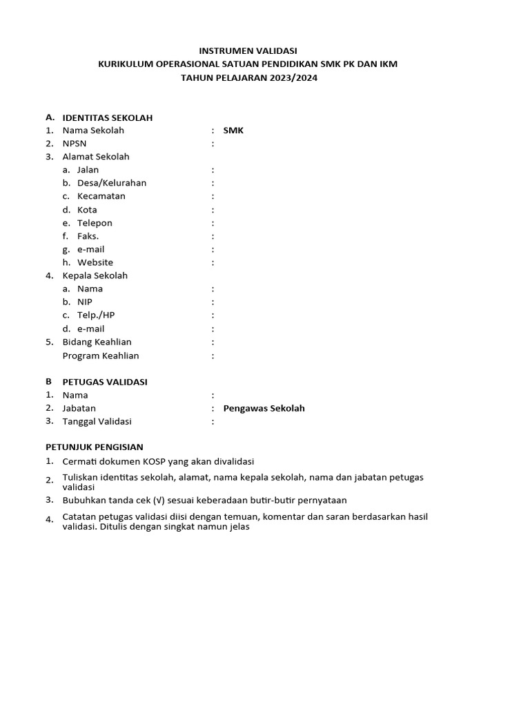 Instrumen Validasi KOSP SMK 2023-2024 | PDF
