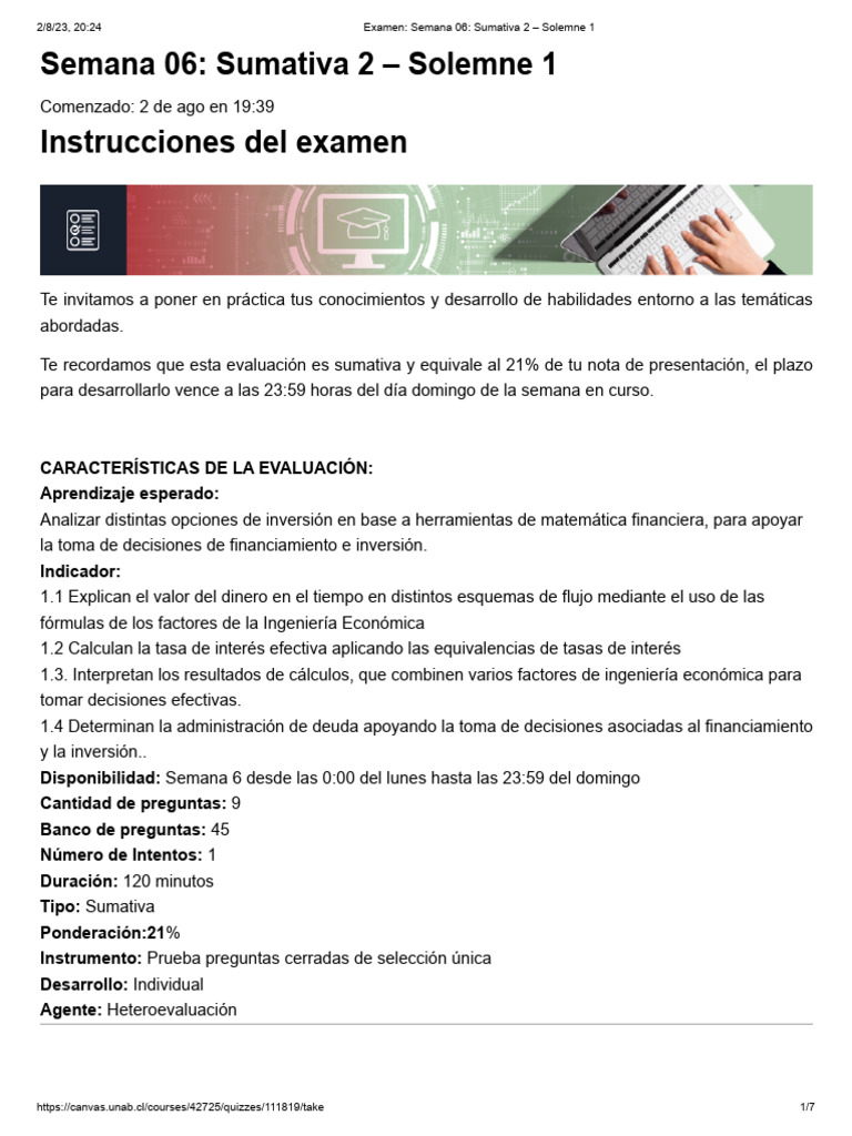 Examen - Semana 06 - Sumativa 2 - Solemne 1 | PDF | Compartir (Finanzas) | Evaluación