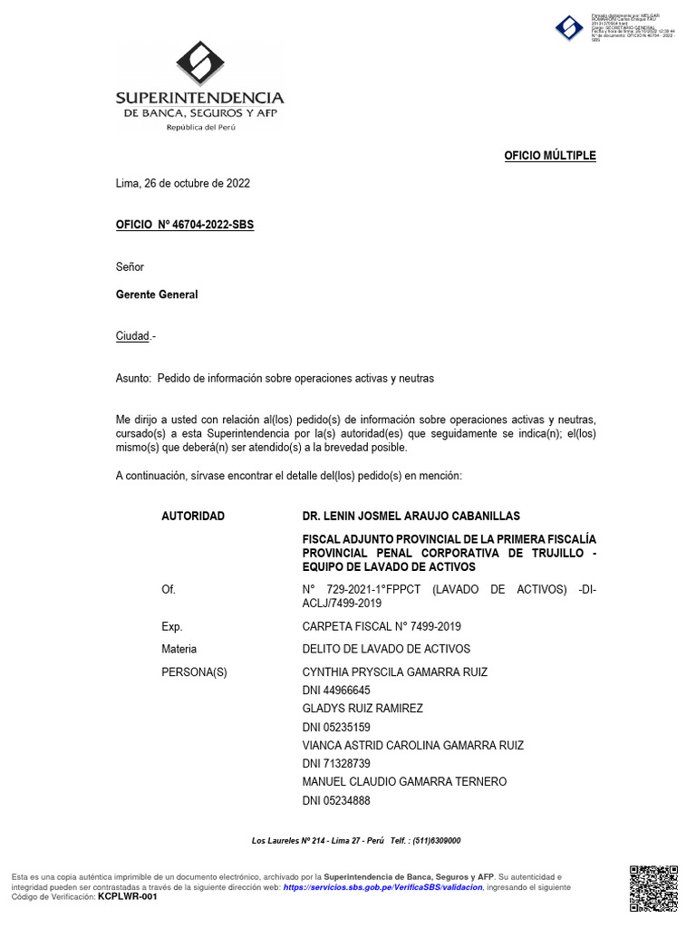 OFICIO N 46704 - 2022 - SBS-Adjuntos | PDF | Bancos | Perú