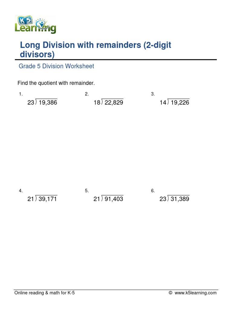 Grade 5 Long Division 2 Digit With Remainder 1to25 A | PDF