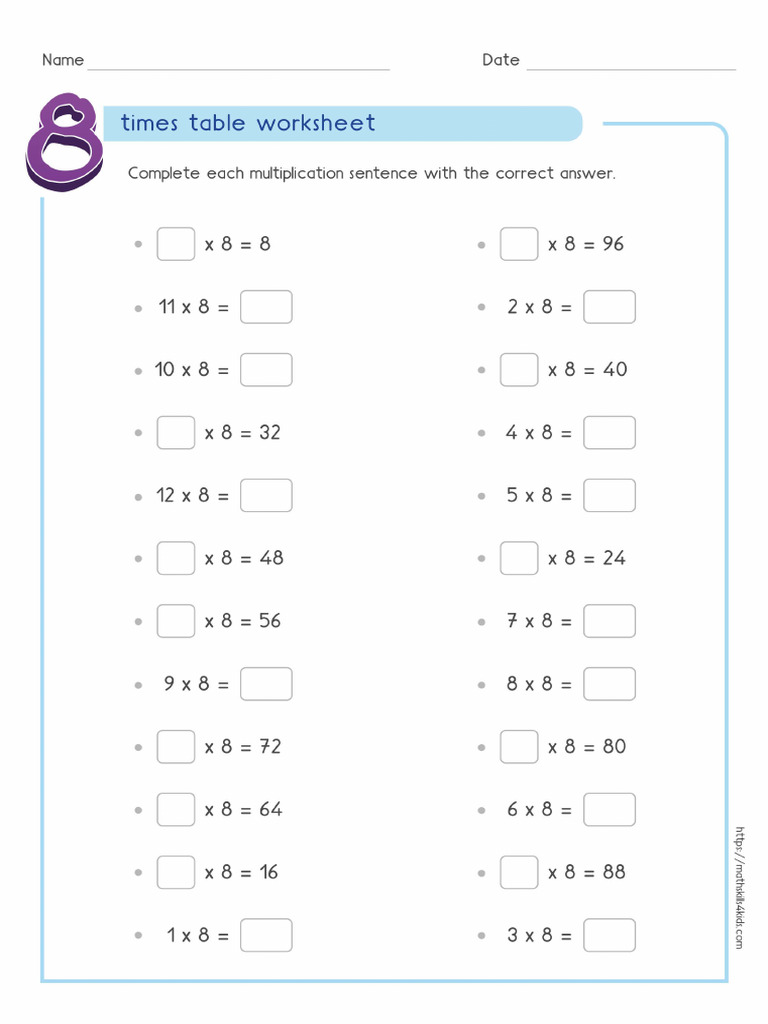 8 Times Table Practice Challenge Worksheet w58s5 | PDF
