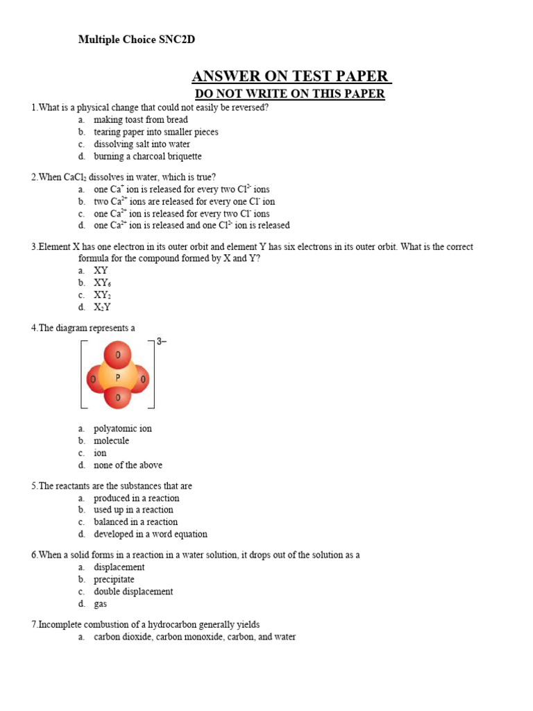 SNC2D Chemistry Multiple Choice Test | PDF | Chemical Compounds | Ion