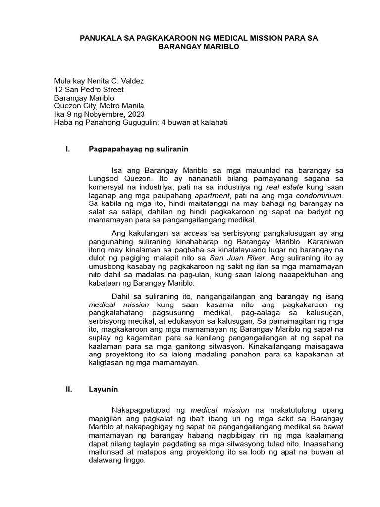 Panukalang Proyekto Brgy. Mariblo Medical Mission | PDF