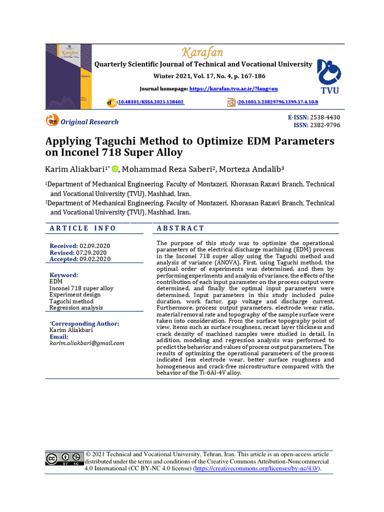Applying Taguchi Method To Optimize EDM Parameters On Inconel 718 Super Alloy | PDF | Physical ...
