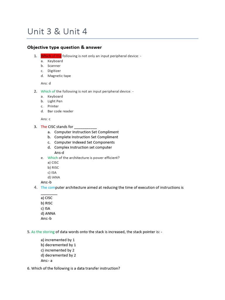 Practice Set Questions of Unit-3 & Unit-4 Questions | PDF | Computer ...