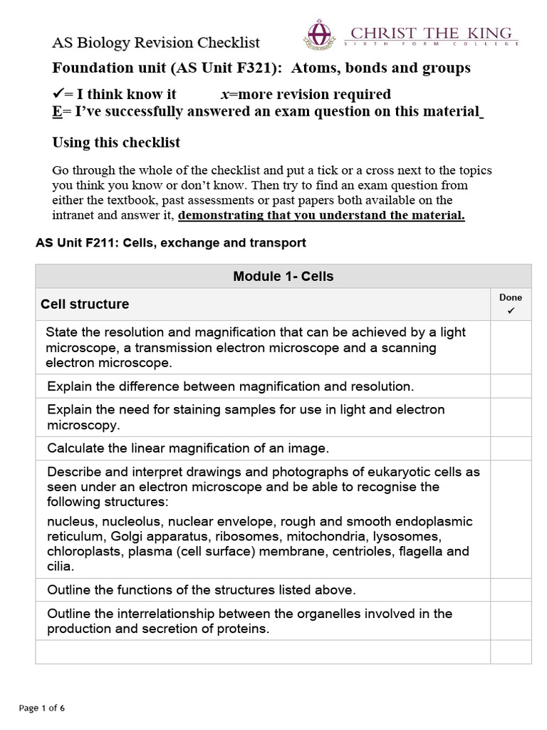 Biology Checklist From Textbook | PDF | Dna | Cell Membrane