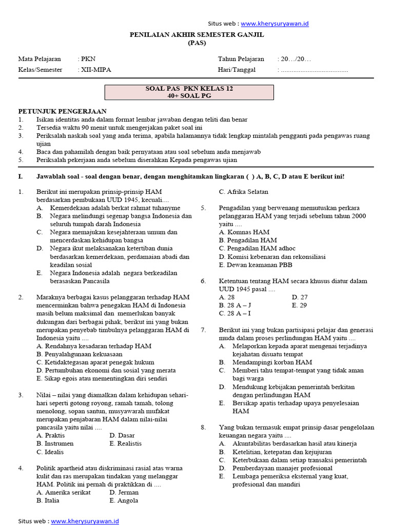 Soal PAS PKN Kls 12 - WWW - Kherysuryawan.id | PDF
